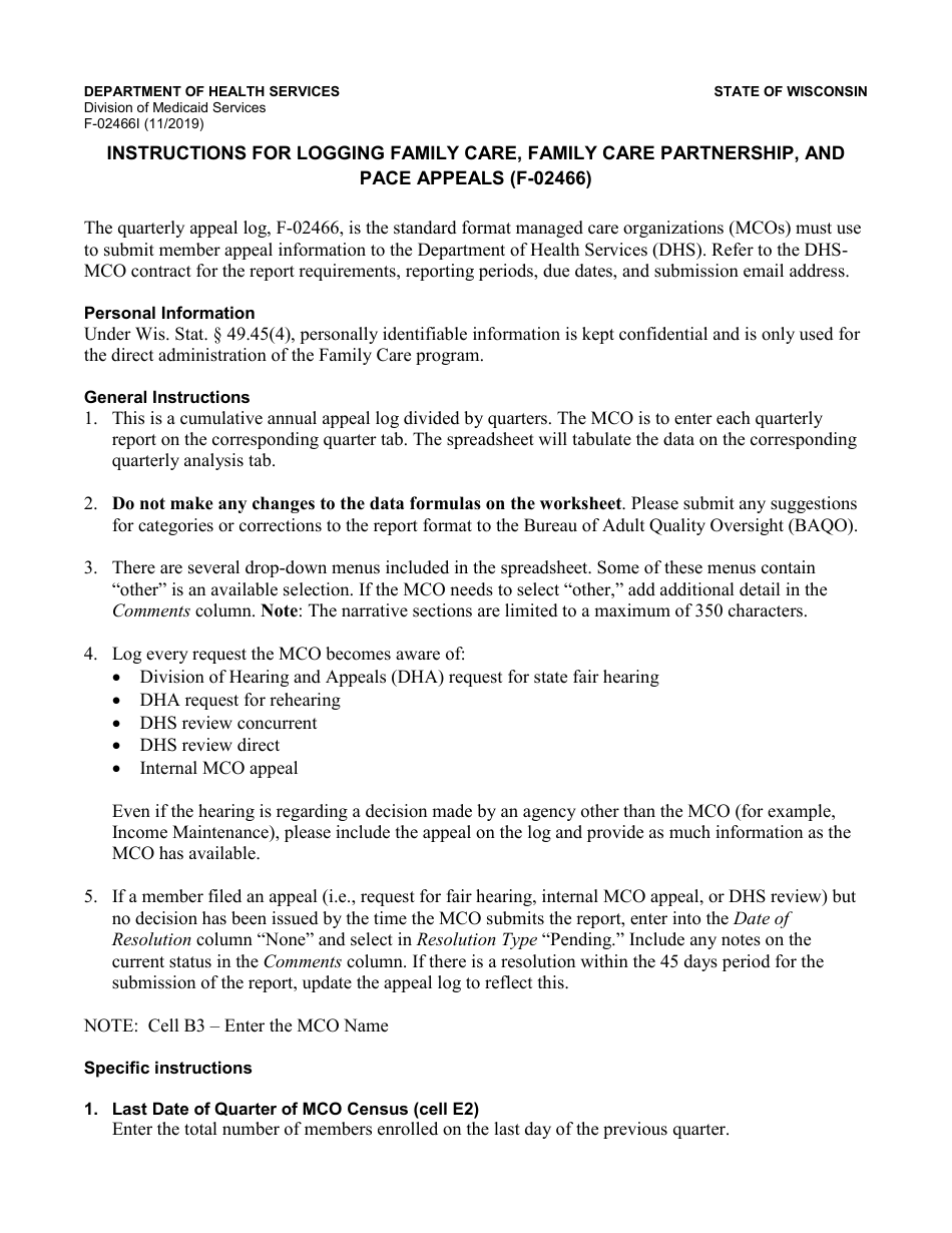 Download Instructions for Form F-02466 Mco Appeal Log for Family Care ...