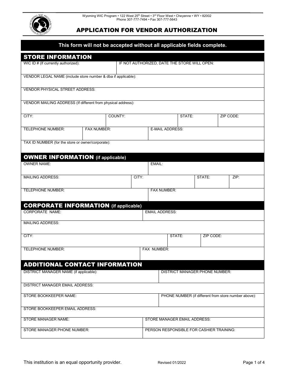 Wyoming Application for Vendor Authorization -wyoming Wic Program ...