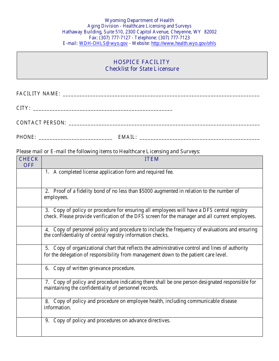 Wyoming Hospice Facility Checklist for State Licensure - Fill Out, Sign ...