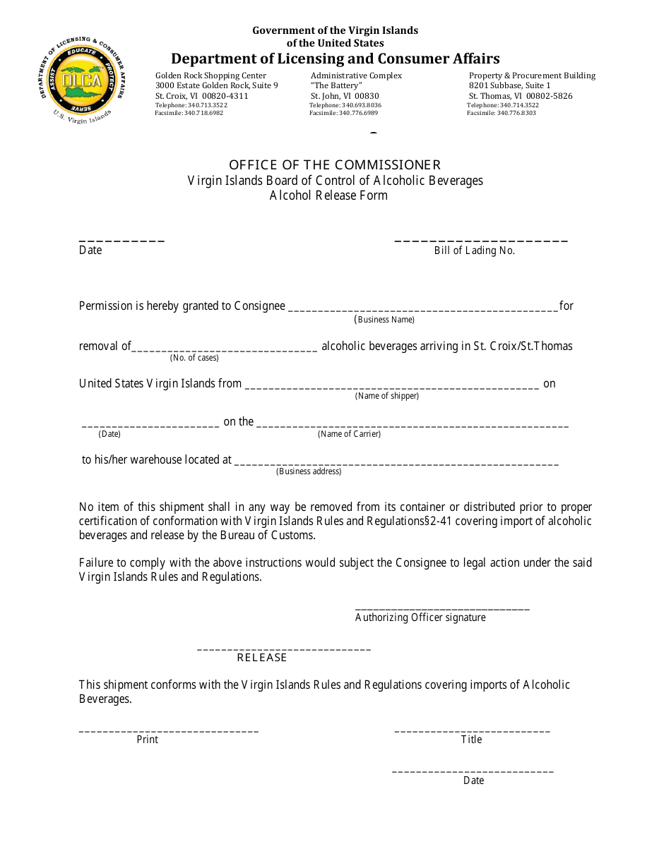 Virgin Islands Alcohol Release Form - Fill Out, Sign Online and ...