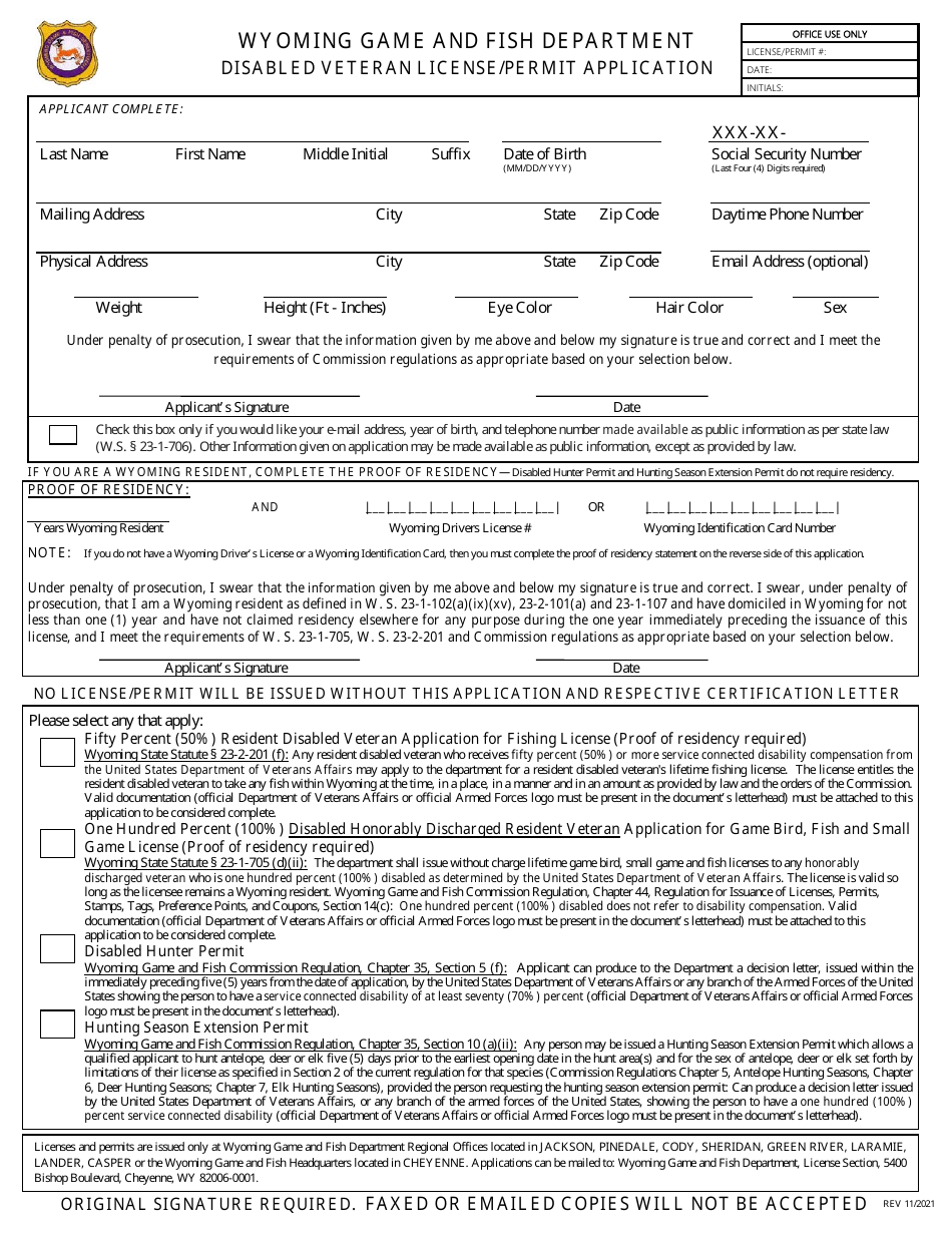 Wyoming Disabled Veteran License/Permit Application - Fill Out, Sign ...