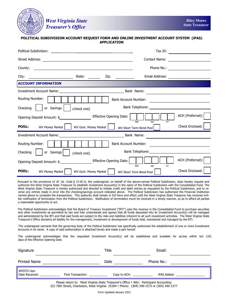 West Virginia Political Subdivision Account Request Form and Online Investment Account System ...
