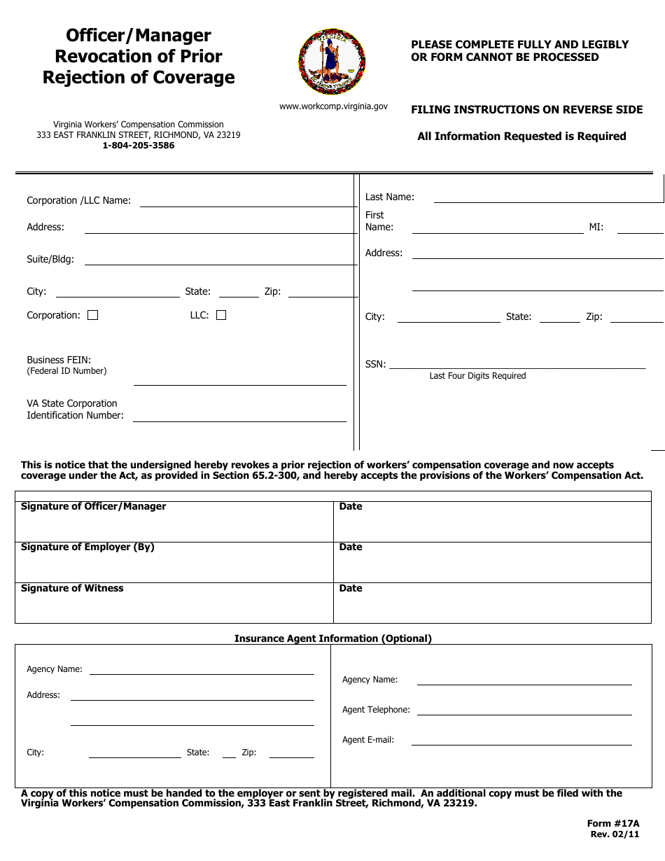 VWC Form 17A - Fill Out, Sign Online and Download Printable PDF ...