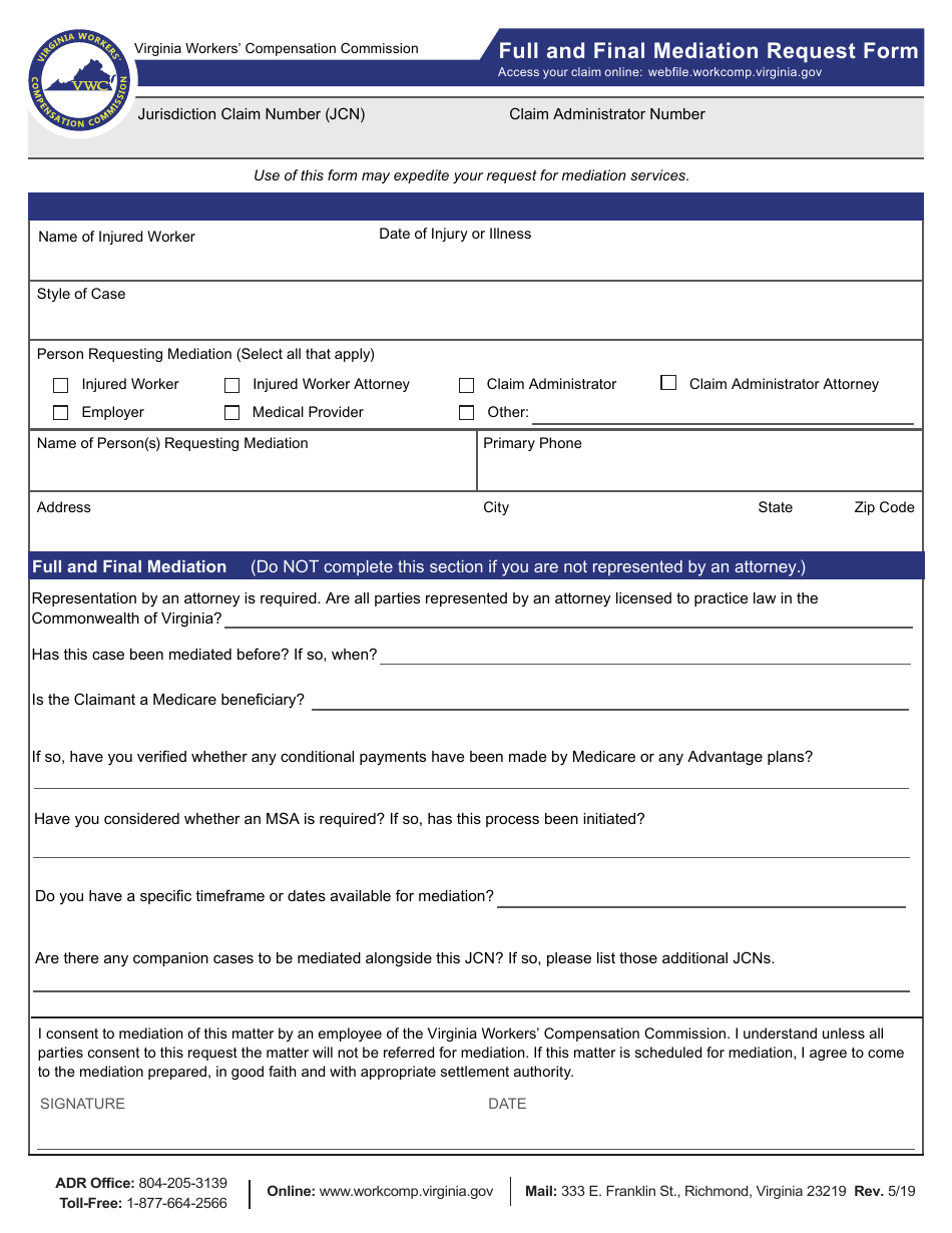 Virginia Full and Final Mediation Request Form - Fill Out, Sign Online ...