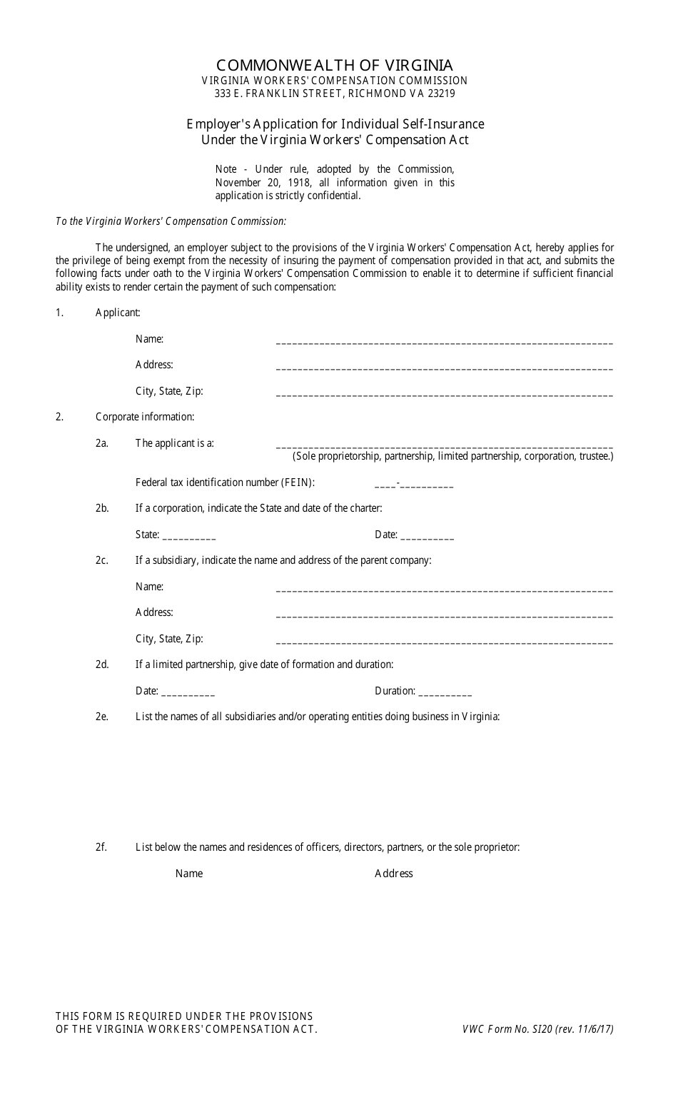 VWC Form SI20 - Fill Out, Sign Online and Download Printable PDF ...
