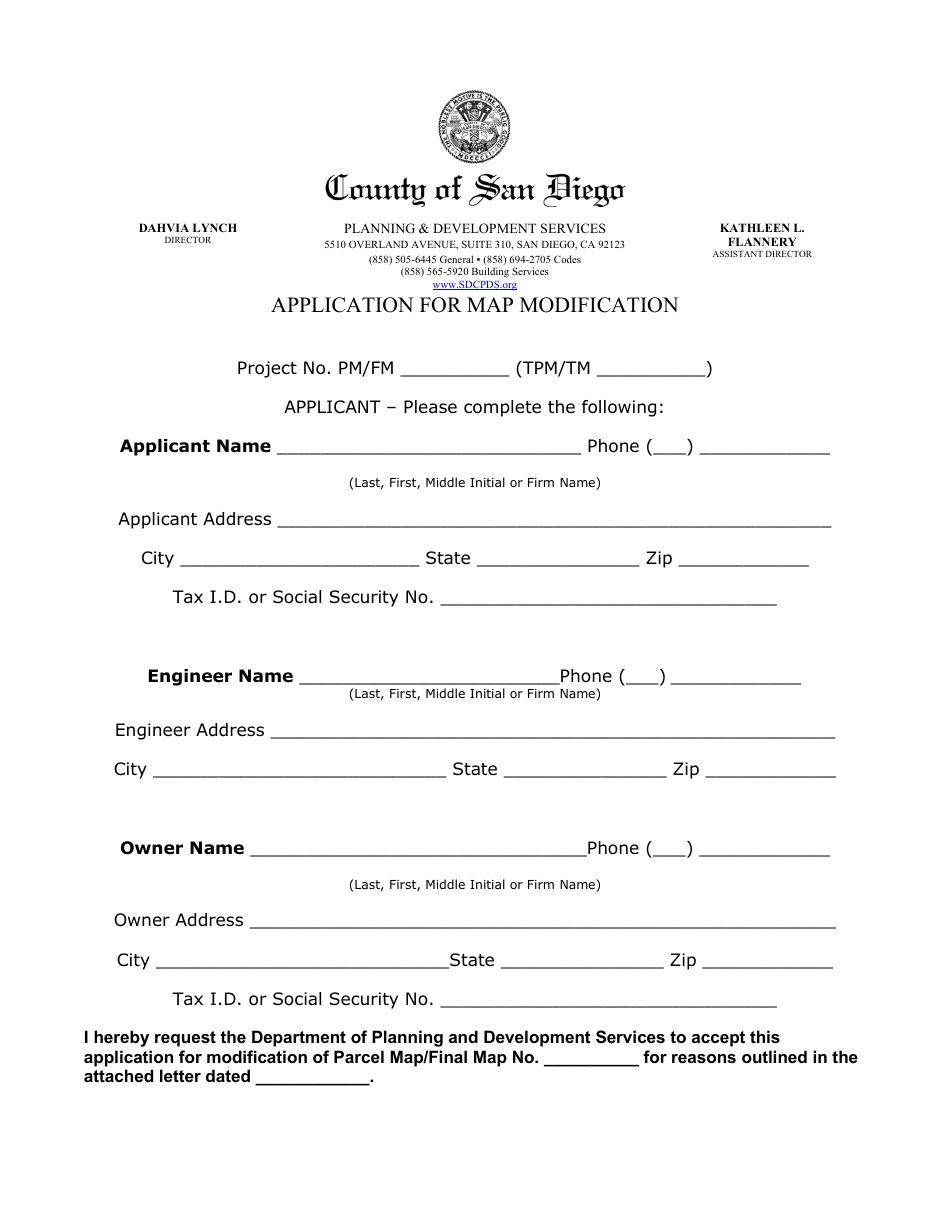 County of San Diego, California Application for Map Modification - Fill ...