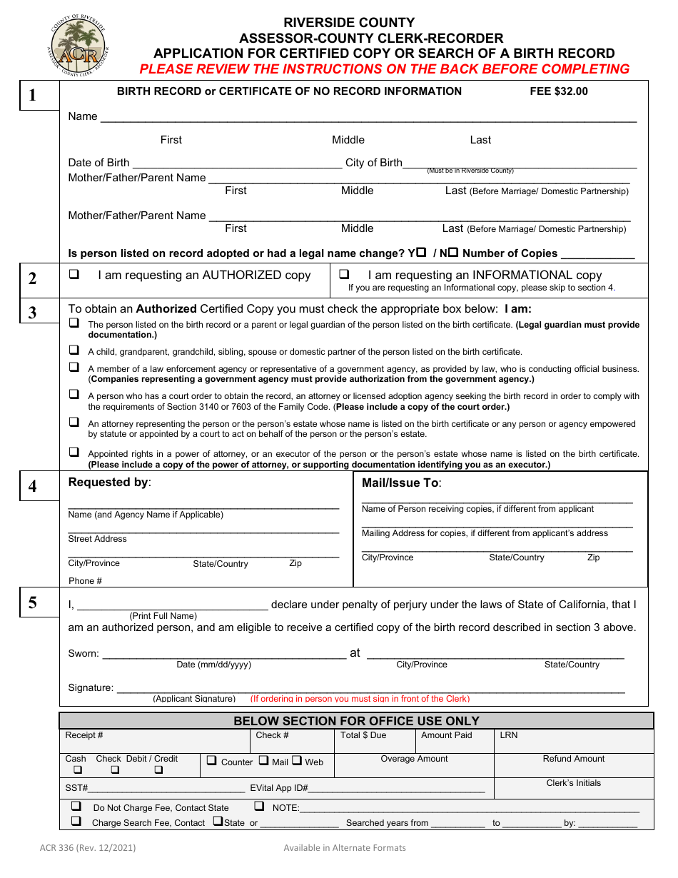Form ACR336 - Fill Out, Sign Online and Download Fillable PDF, County ...