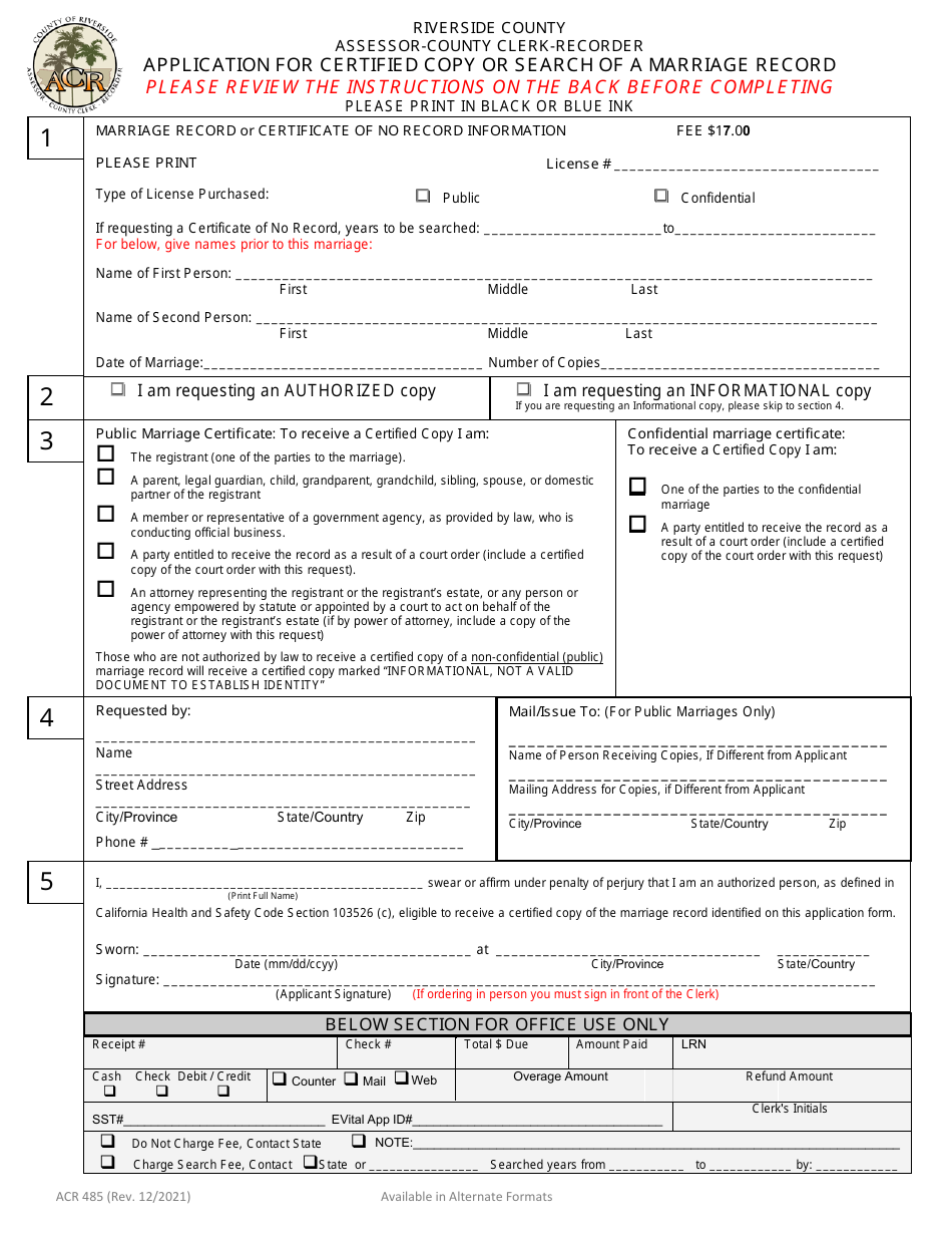Form ACR485 - Fill Out, Sign Online and Download Fillable PDF, County ...