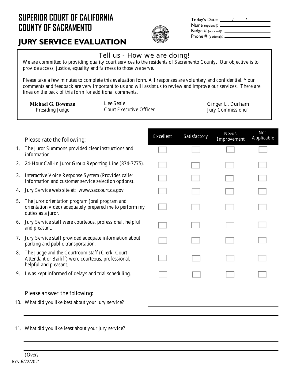 County of Sacramento, California Jury Service Evaluation - Fill Out ...