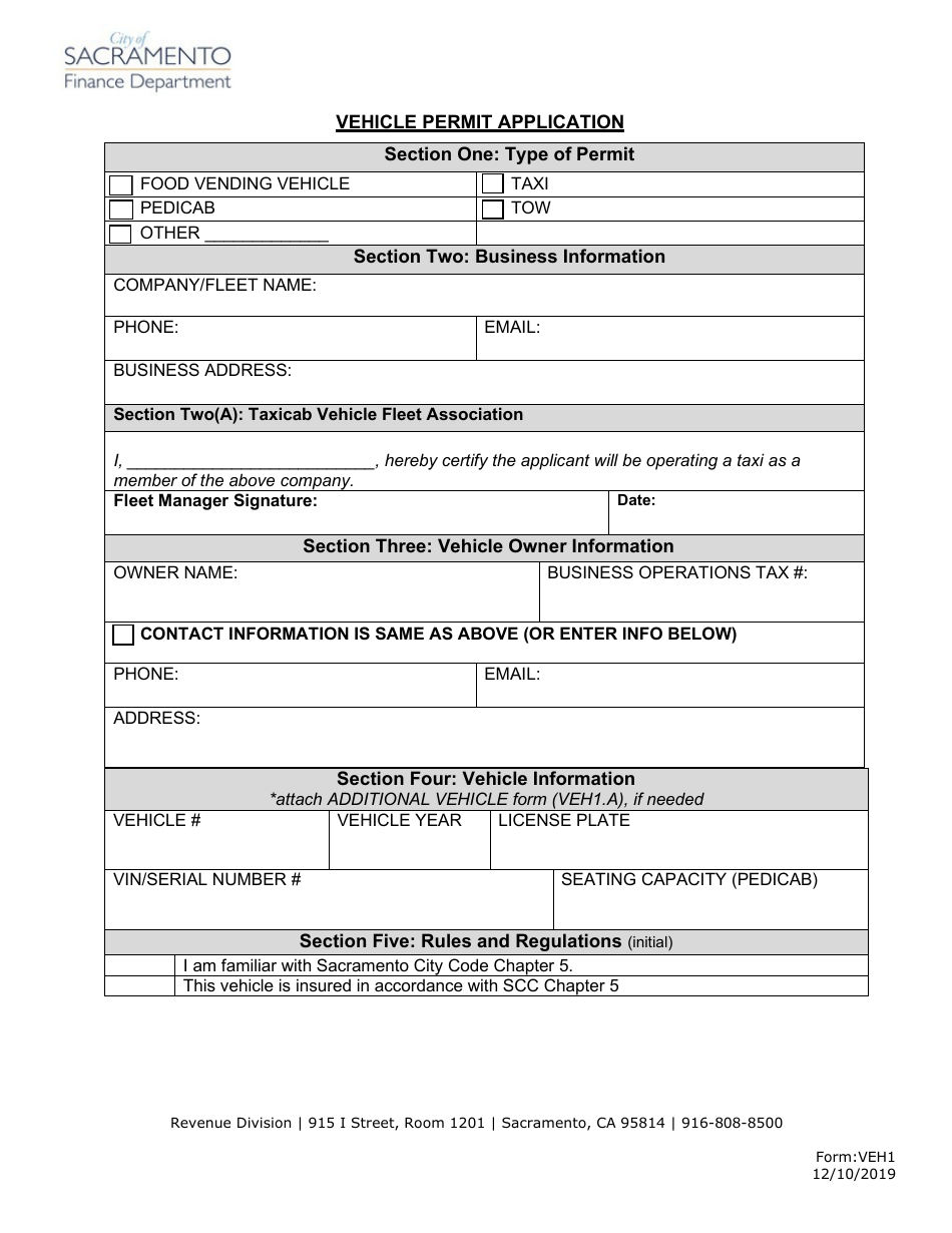 Form VEH1 - Fill Out, Sign Online and Download Fillable PDF, City of ...