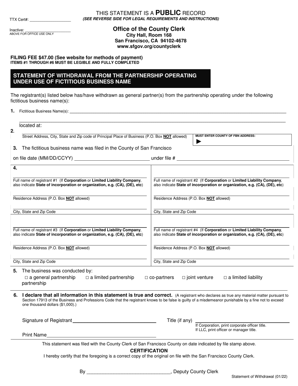 City and County of San Francisco, California Statement of Withdrawal ...
