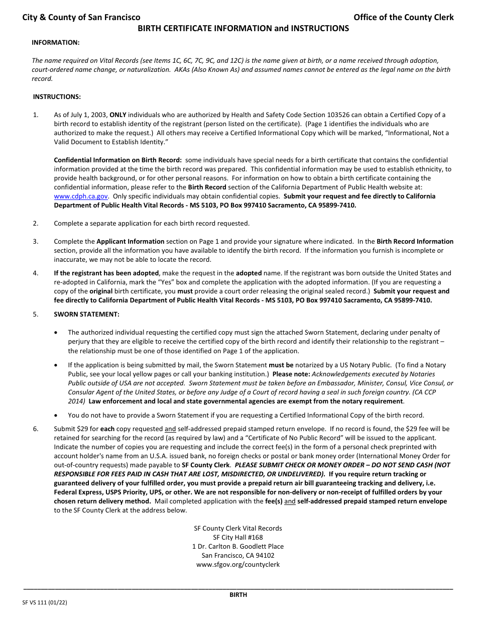 Form SF VS111 - Fill Out, Sign Online and Download Printable PDF, City ...