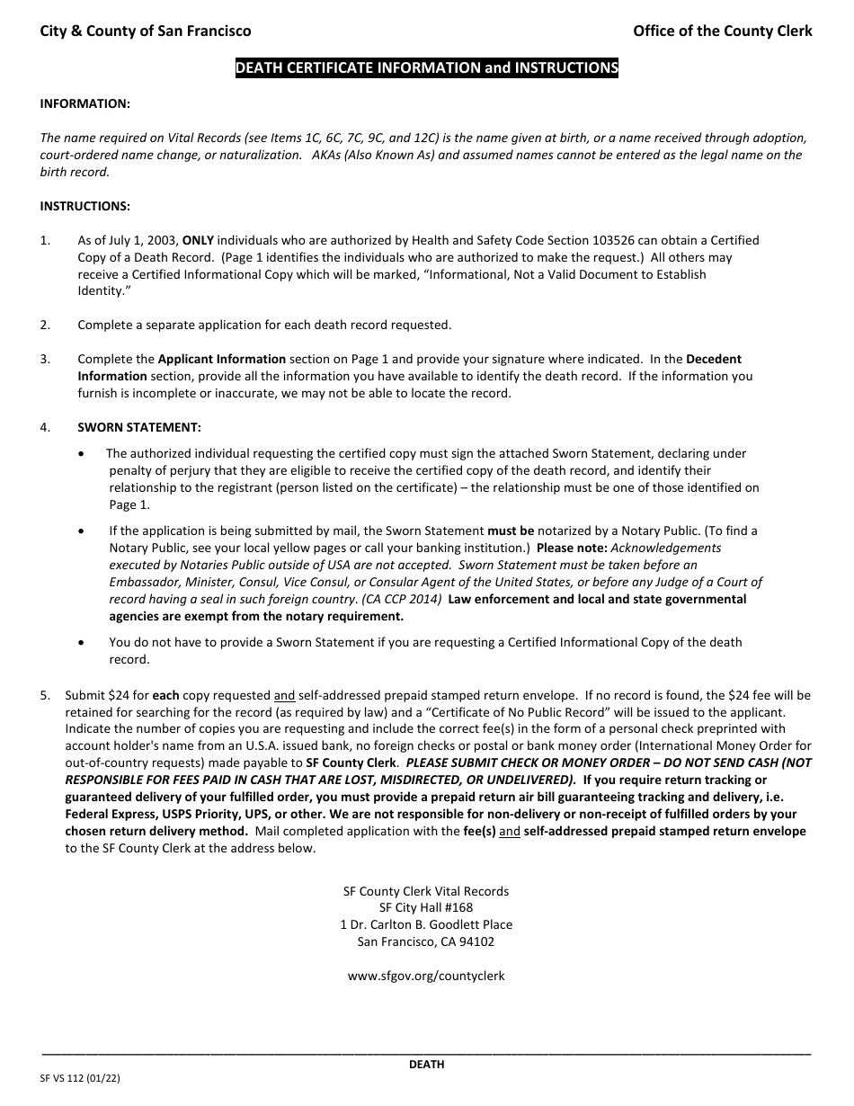 Form SF VS112 - Fill Out, Sign Online and Download Printable PDF, City and County of San ...
