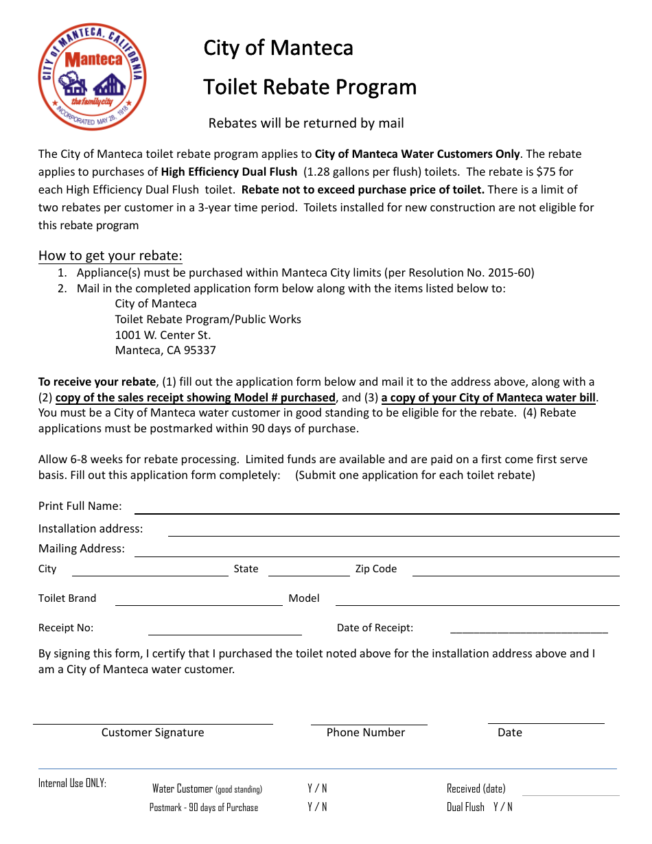 City of Manteca, California Toilet Rebate Program Application - Fill Out, Sign Online and ...