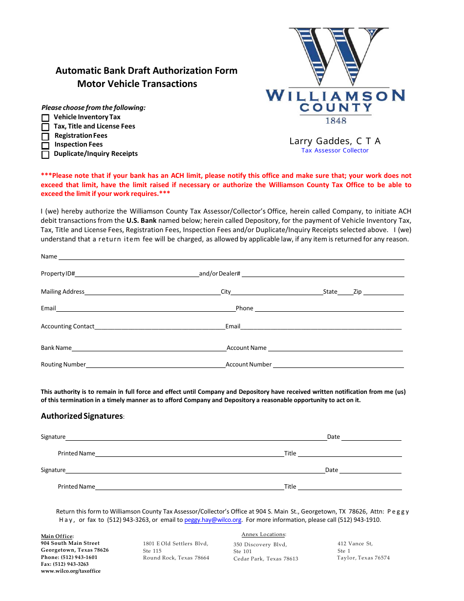 Williamson County, Texas Automatic Bank Draft Authorization Form ...