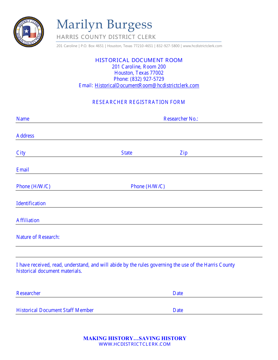 Harris County, Texas Researcher Registration Form - Fill Out, Sign ...