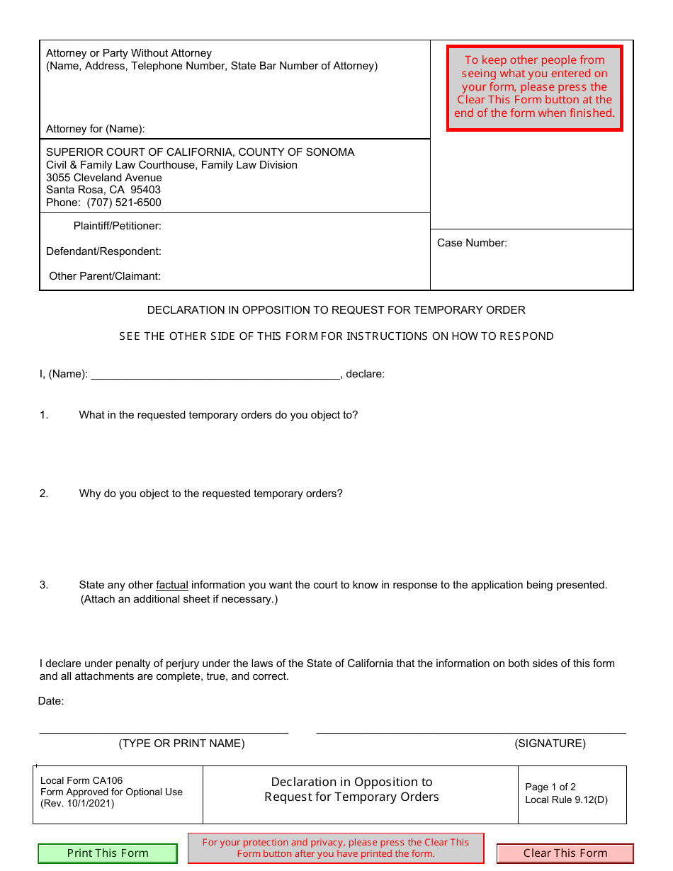Form CA106 - Fill Out, Sign Online and Download Fillable PDF, County of ...