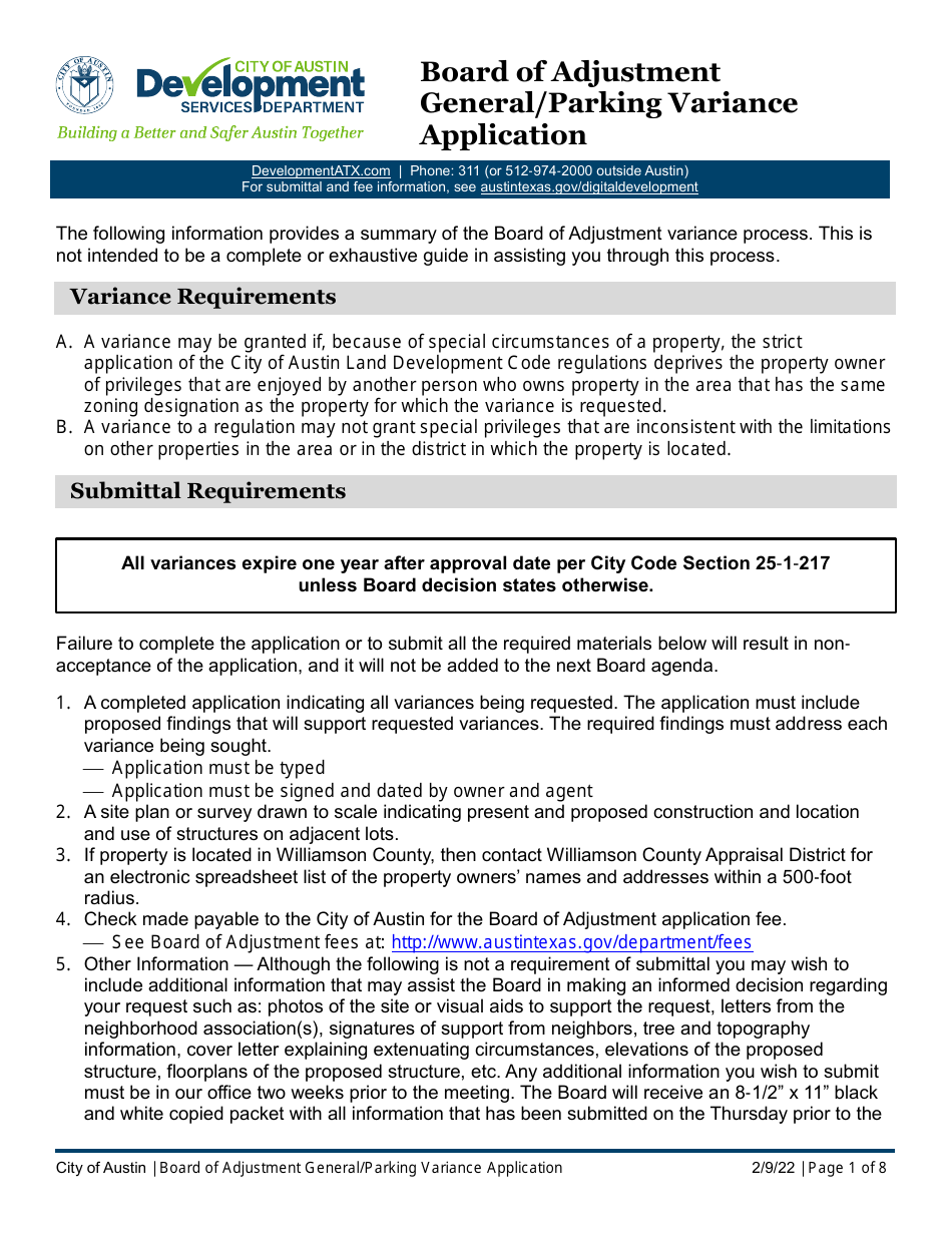 City of Austin, Texas Application for Board of Adjustment (Boa) General ...