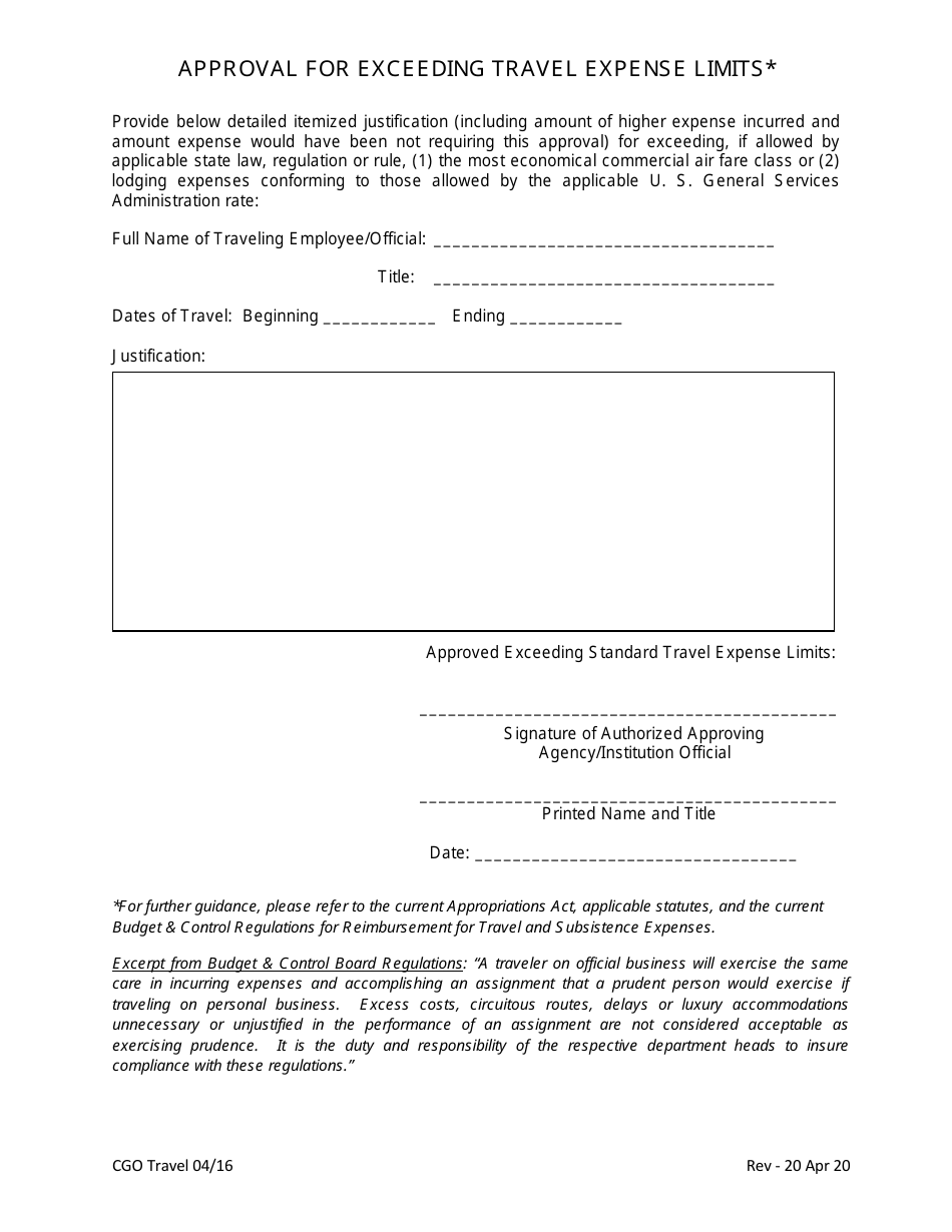 South Carolina Approval for Exceeding Travel Expense Limits - Fill Out ...