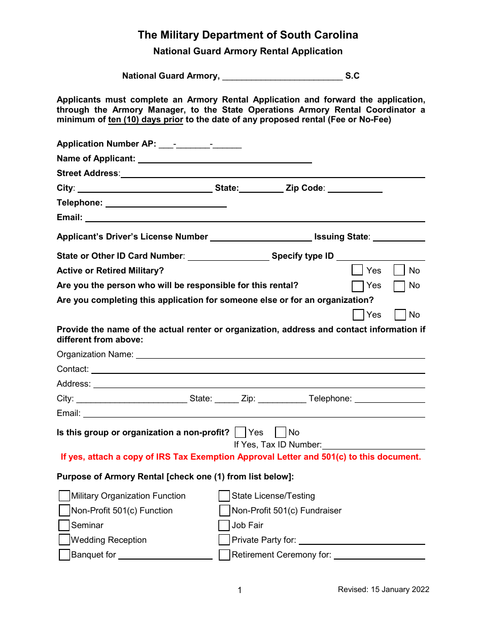 South Carolina National Guard Armory Rental Application Download ...