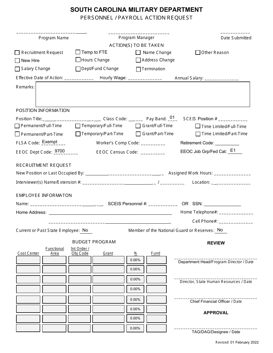 South Carolina Personnel/Payroll Action Request Download Fillable PDF ...