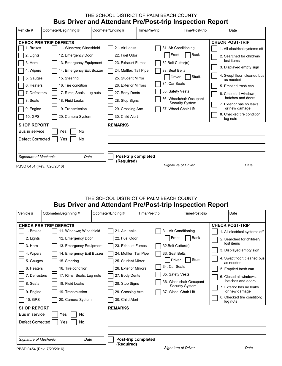 Florida Bus Driver and Attendant Pre/Post-trip Inspection Report Form ...