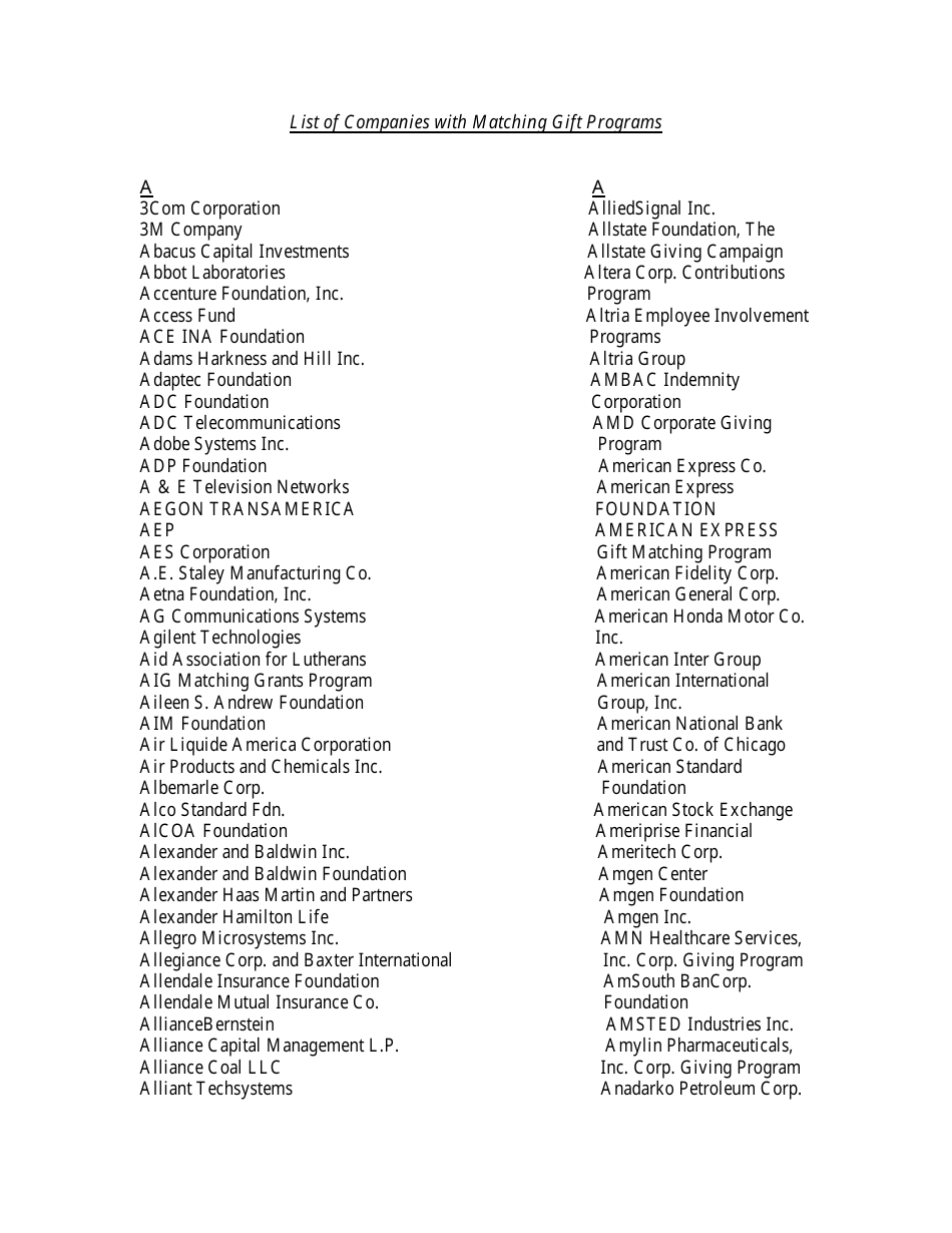 List of Companies With Matching Gift Programs Download Printable PDF ...