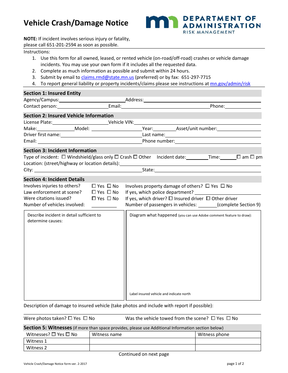 Minnesota Vehicle Crash/Damage Notice Form - Fill Out, Sign Online and ...