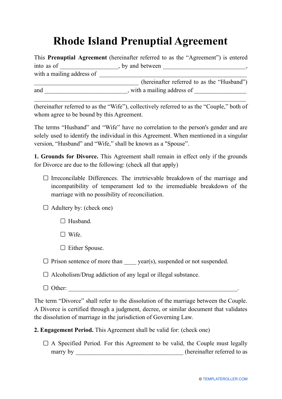Rhode Island Prenuptial Agreement Template - Fill Out, Sign Online and ...