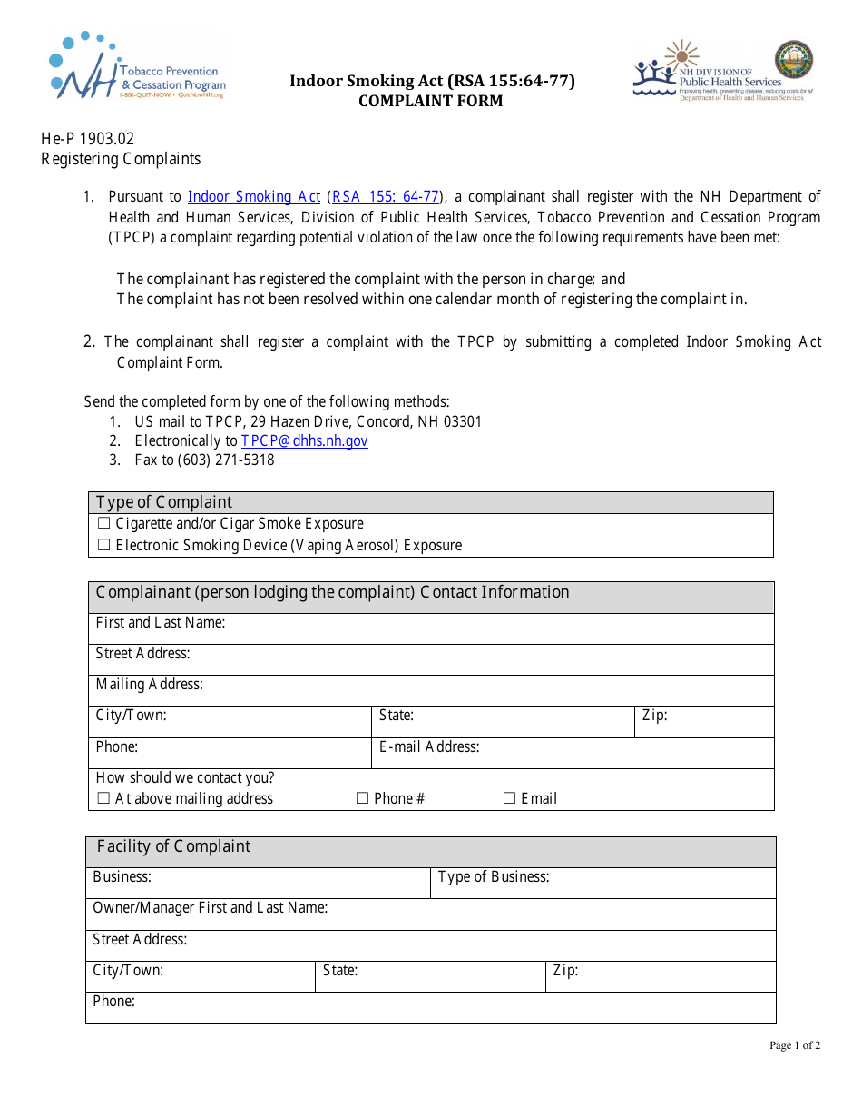 New Hampshire Indoor Smoking Act (Rsa 155:64-77) Complaint Form - Fill ...
