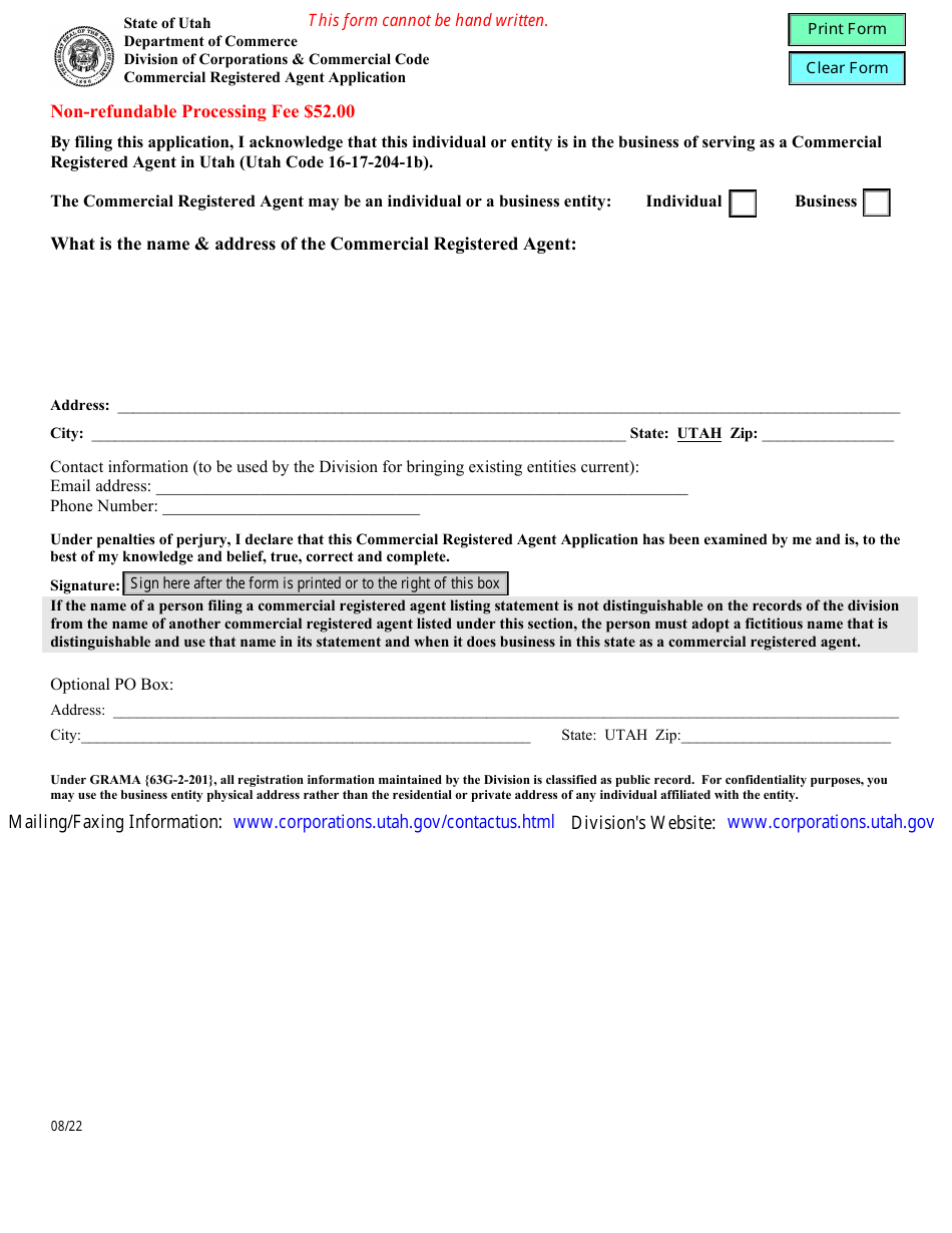 Utah Commercial Registered Agent Application Download Fillable PDF ...