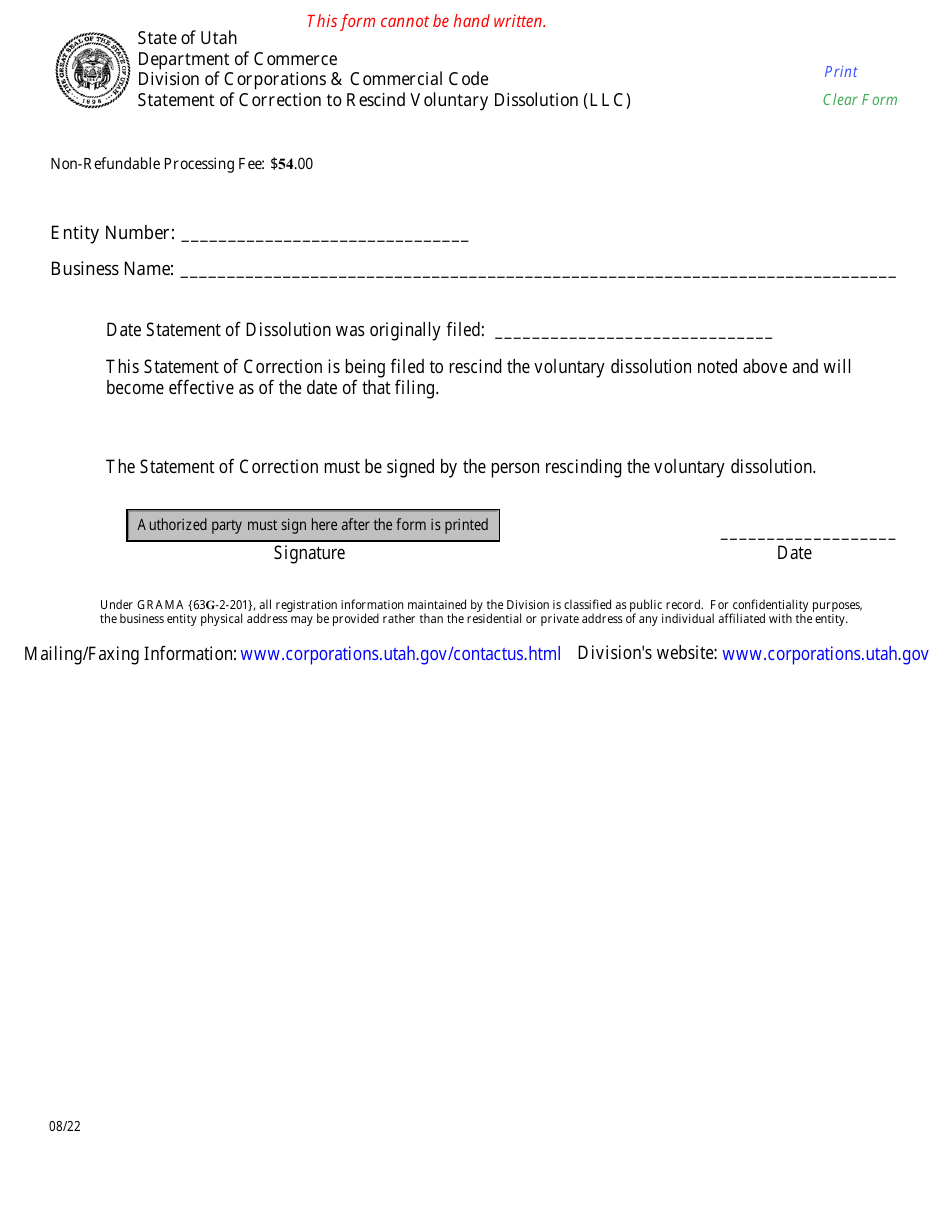 Utah Statement of Correction to Rescind Voluntary Dissolution (LLC ...