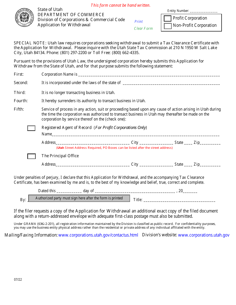 Utah Application for Withdrawal - Fill Out, Sign Online and Download ...