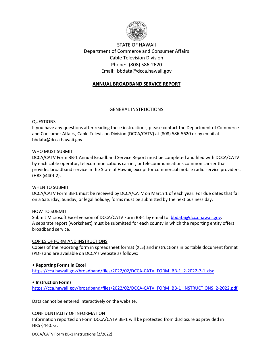 Download Instructions For Form BB 1 Annual Broadband Service Report PDF