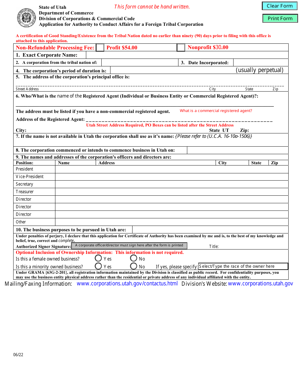 Utah Application for Authority to Conduct Affairs for a Foreign Tribal ...
