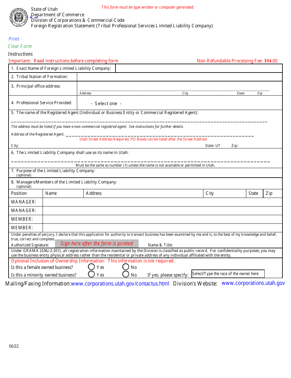 Utah Foreign Registration Statement (Tribal Professional Services ...