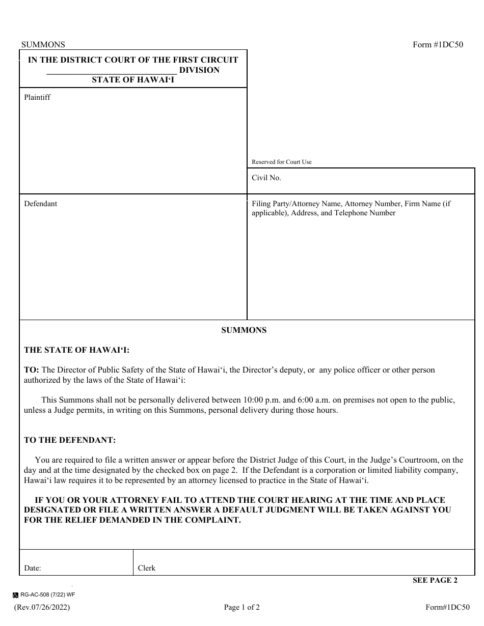 Form 1DC50 - Fill Out, Sign Online and Download Fillable PDF, Hawaii ...