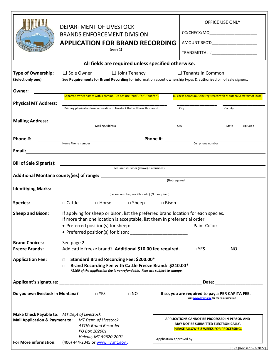 Form BE-3 Download Printable PDF or Fill Online Application for Brand ...