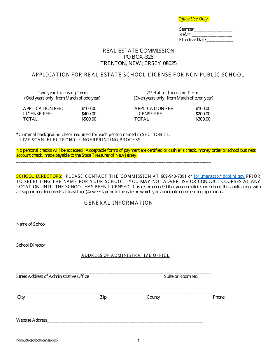 New Jersey Application for Real Estate School License for Non-public ...