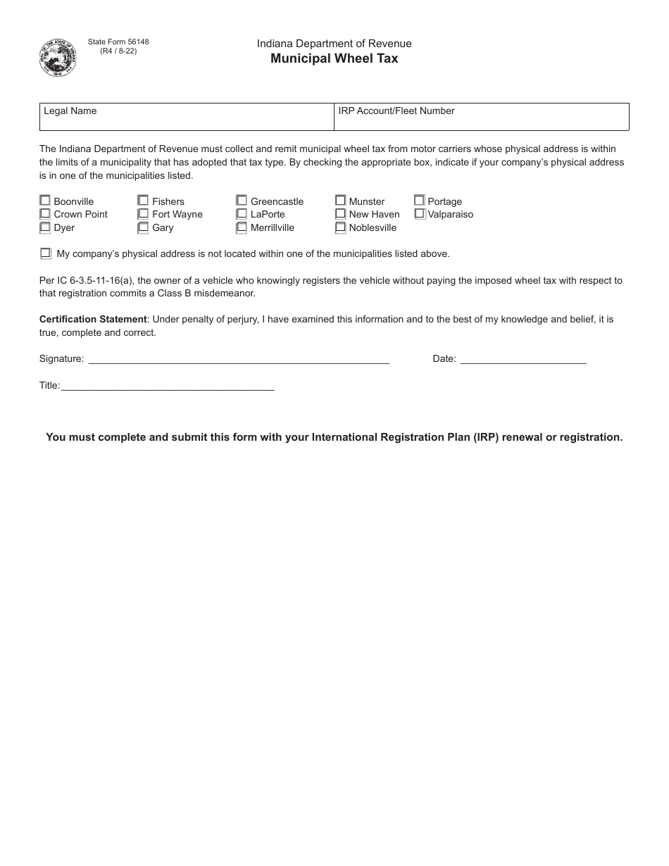 State Form 56148 Download Fillable PDF or Fill Online Municipal Wheel ...