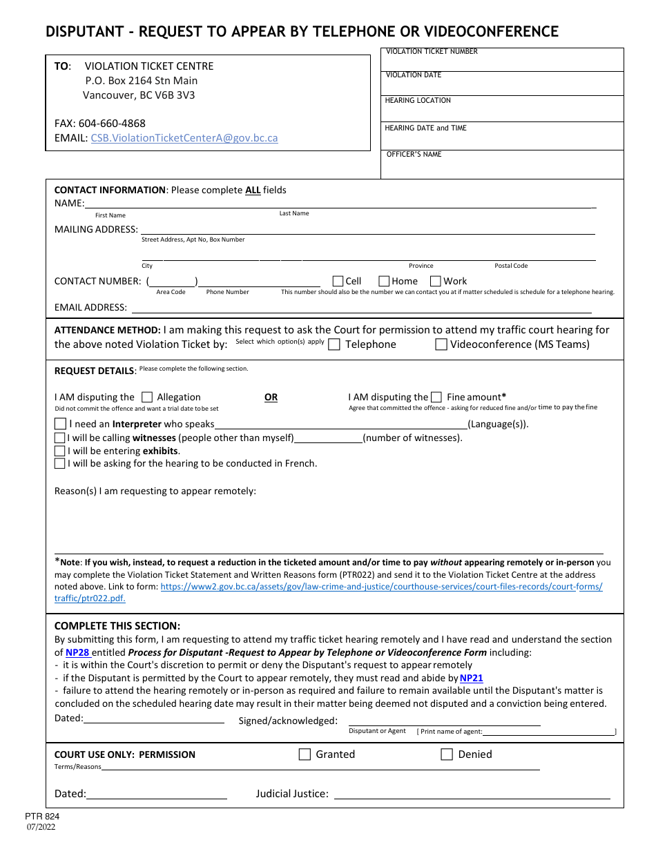 Form PTR824 Download Fillable PDF or Fill Online Disputant - Request to ...
