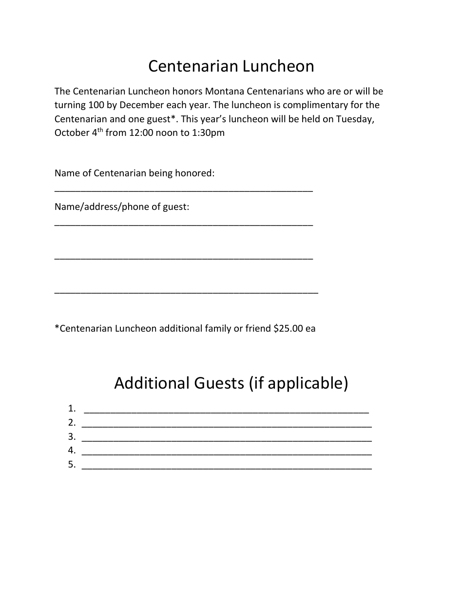 Montana Centenarian and Guest Form - Fill Out, Sign Online and Download ...