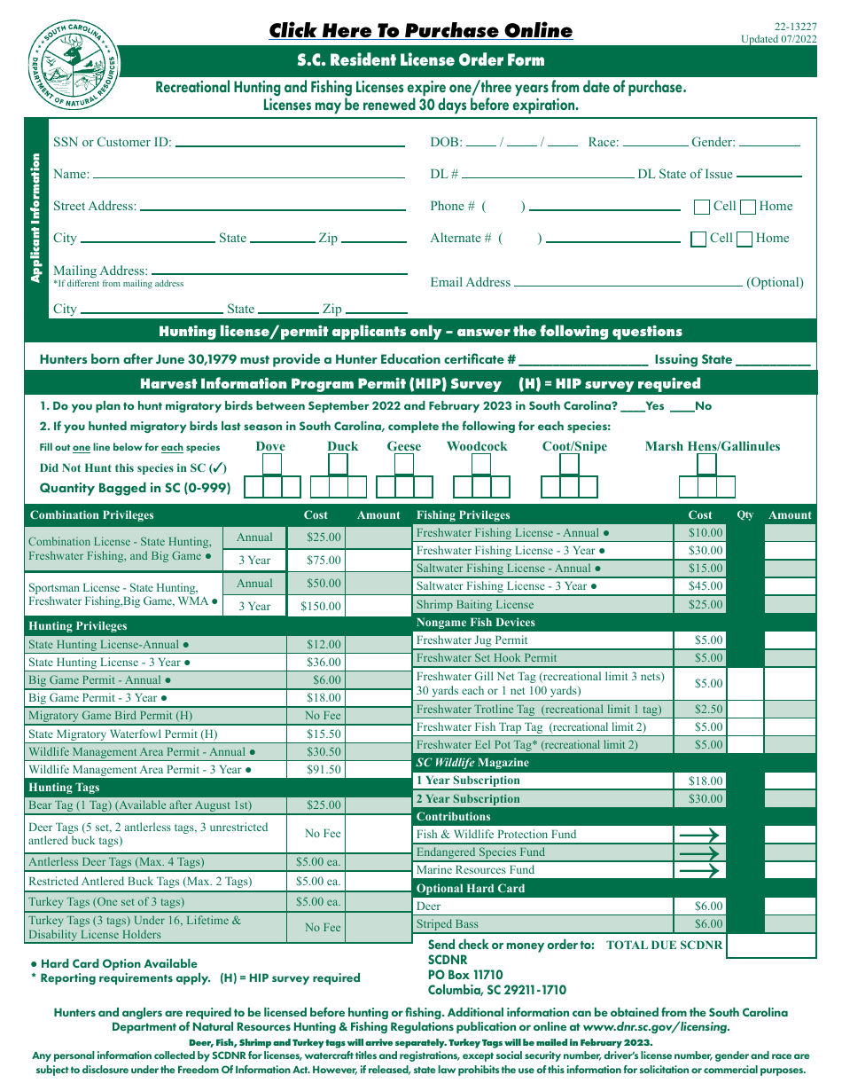 Form 22-13227 Download Fillable PDF or Fill Online S.c. Resident ...