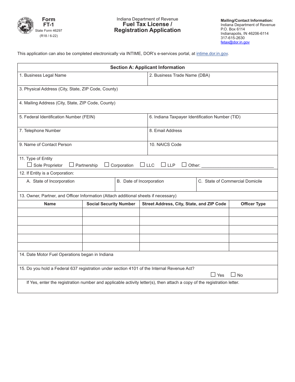 Form FT-1 (State Form 46297) - Fill Out, Sign Online and Download ...