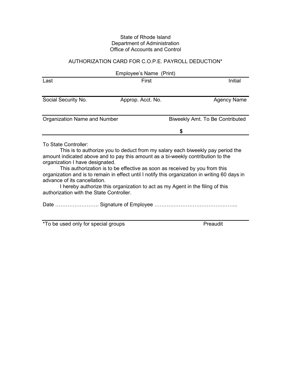 Rhode Island Authorization Card for C.o.p.e. Payroll Deduction - Fill Out, Sign Online and ...