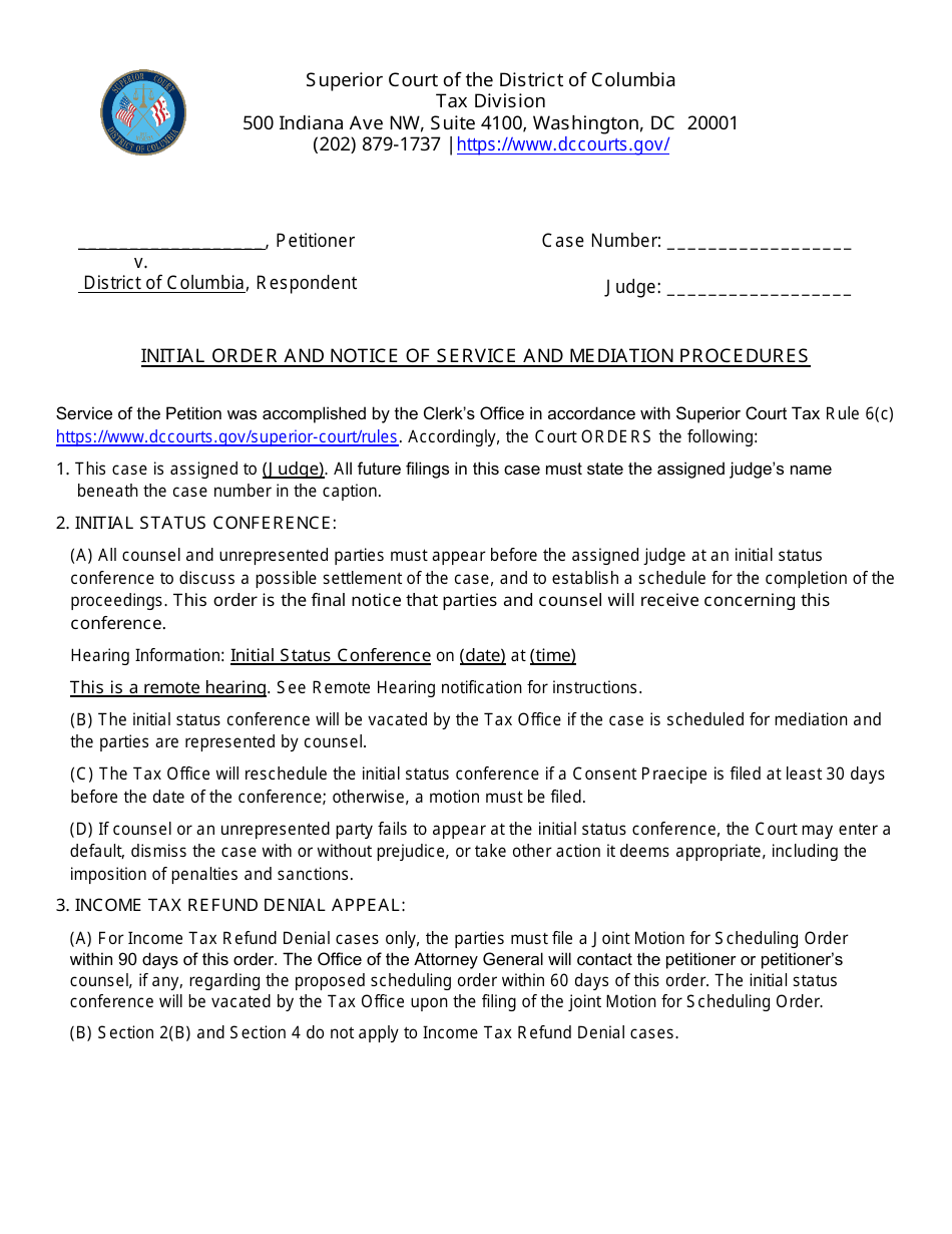 Washington, D.C. Initial Order and Notice of Service and Mediation ...