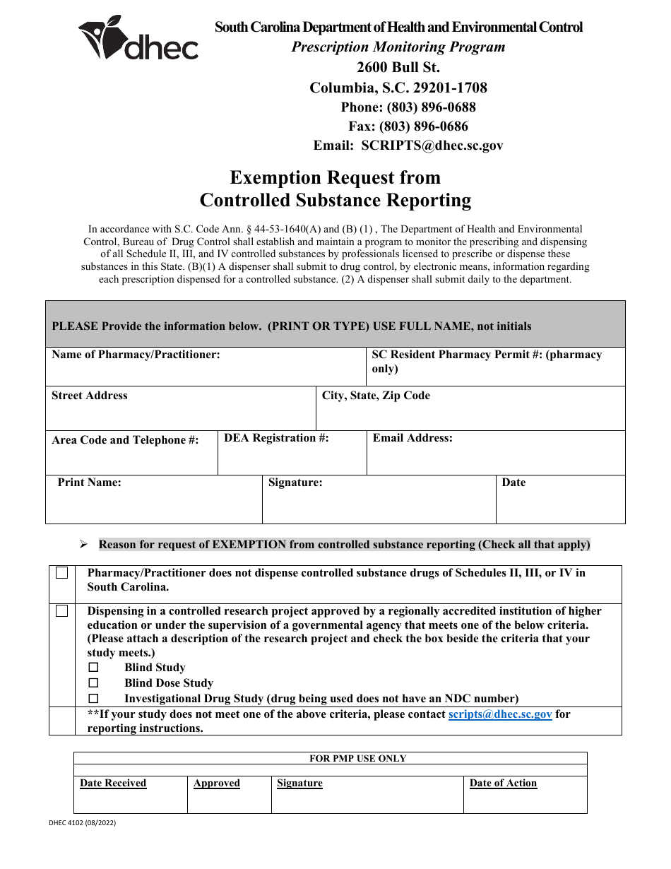DHEC Form 4102 Download Printable PDF or Fill Online Exemption Request ...