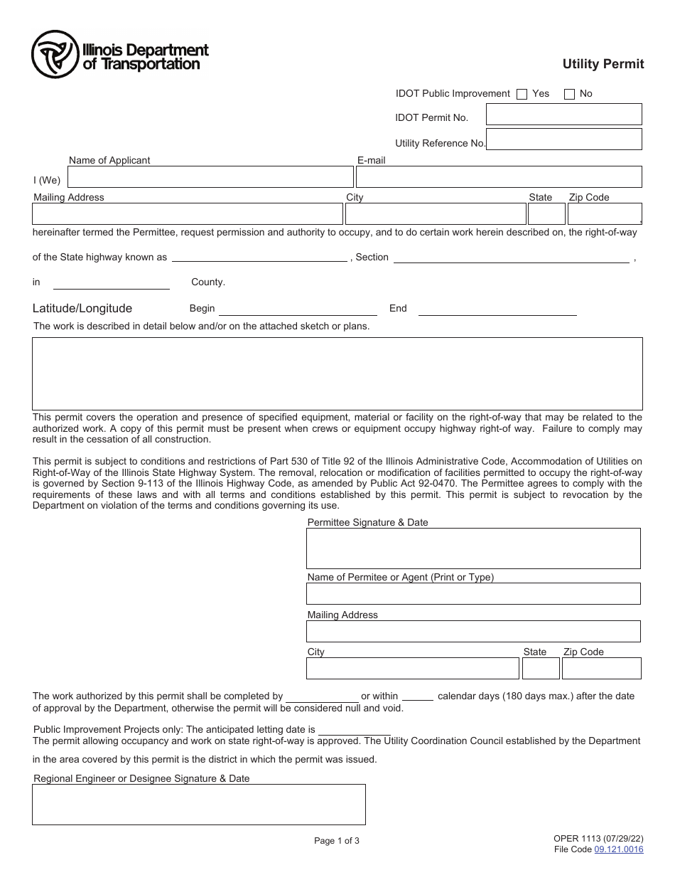 Form OPER1113 Download Fillable PDF or Fill Online Utility Permit ...