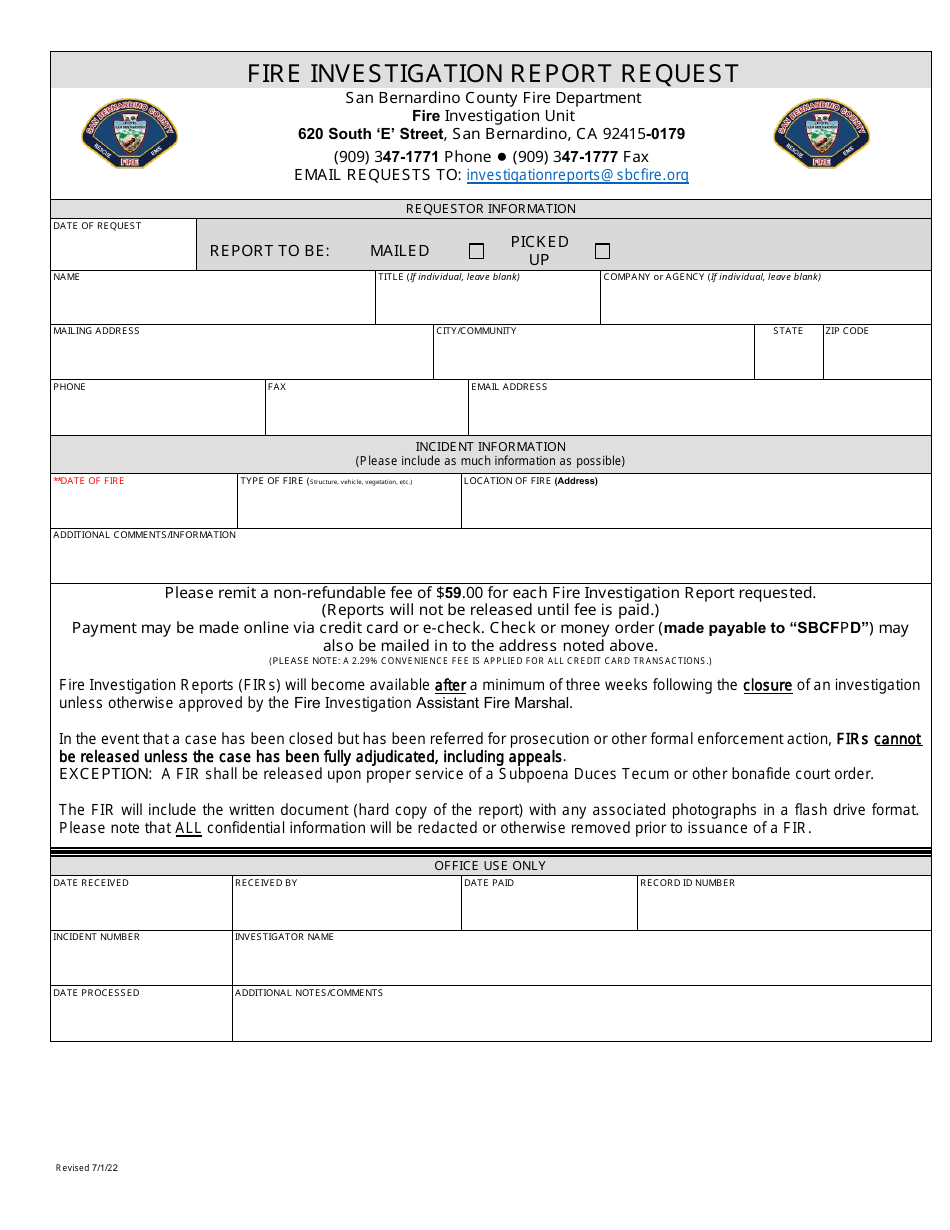 San Bernardino County, California Fire Investigation Report Request - Fill Out, Sign Online and ...