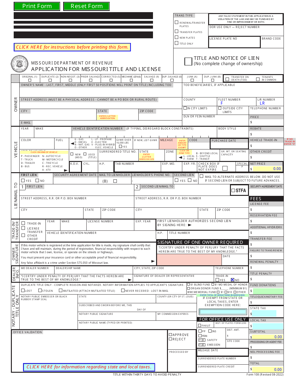 Form 108 - Fill Out, Sign Online and Download Fillable PDF, Missouri ...